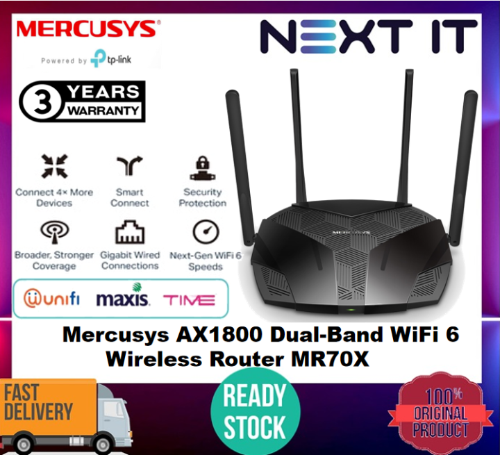 [READY STOCK] Mercusys MR70X AX1800 Dual-Band WiFi 6 Router | Lazada