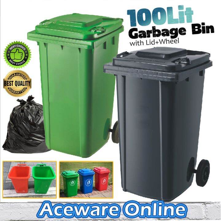 100L Outdoor Trash Bin Tong Sampah Bertutup Besar Hijau Large Mobile ...