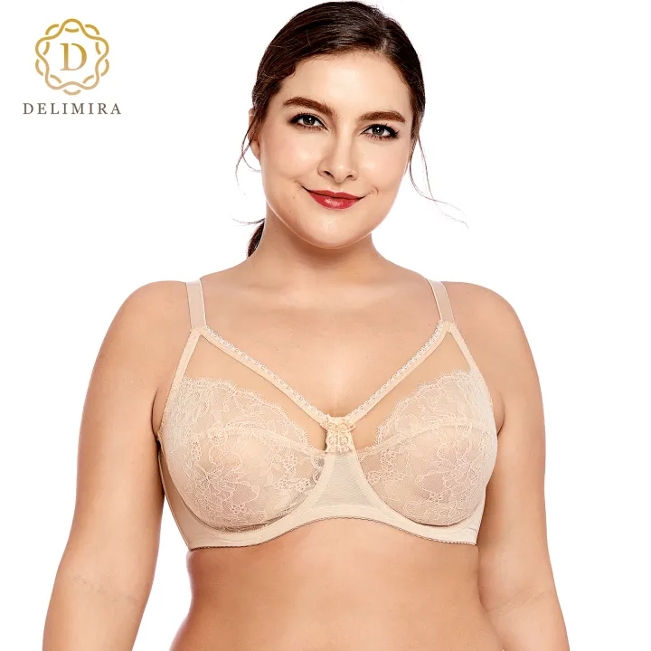 Delimira Womens Sheer Lace Unlined Full Cup Underwire Bra Full Figure