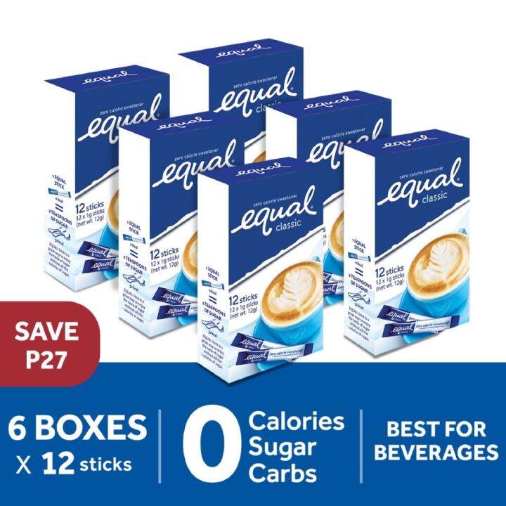 EQUAL Classic 6 boxes x 12 sticks 0 Calorie Sweetener Sticks Sugar ...