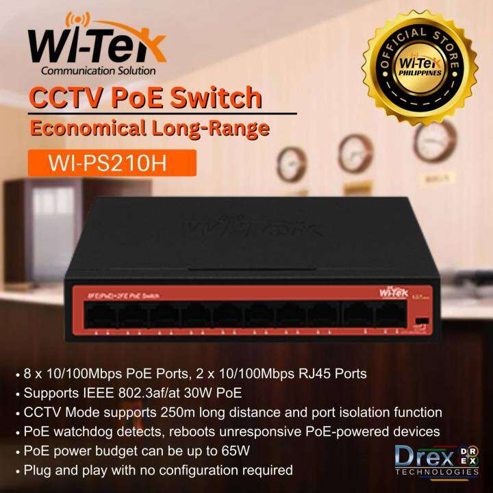 Wi-Tek WI-PS210H 10 Ports 250M Long Range PoE Switch (*8 FE + 2FE Ports ...
