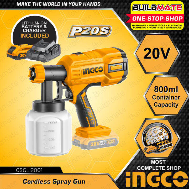 INGCO Cordless Paint Spray Gun Set Wireless 20V CSGLI2001 with BATTERY ...