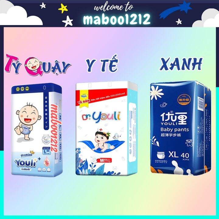 Bỉm YOULI XANH TÝ QUẬY Y TẾ dán/quần đủ Size S108/M92/M88/L84/XL80 ...