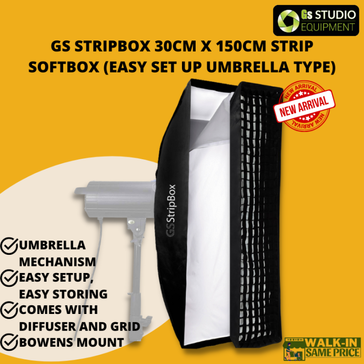 GS STRIPBOX SOFTBOX 30CM X 150CM WITH GRID (EASY SET UP UMBRELLA TYPE ...