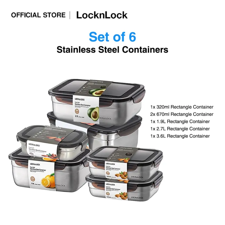 LocknLock Set of 6 Stainless Steel Food Containers | Airtight, Leak-proof, Non-toxic | Lazada PH