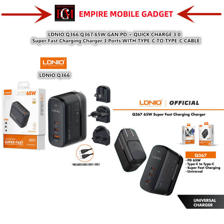 LDNIO Q366 Q367 65W GAN PD + QUICK CHARGE 3.0 Super Fast Charging Charger 3 Ports WITH TYPE-C TO ...