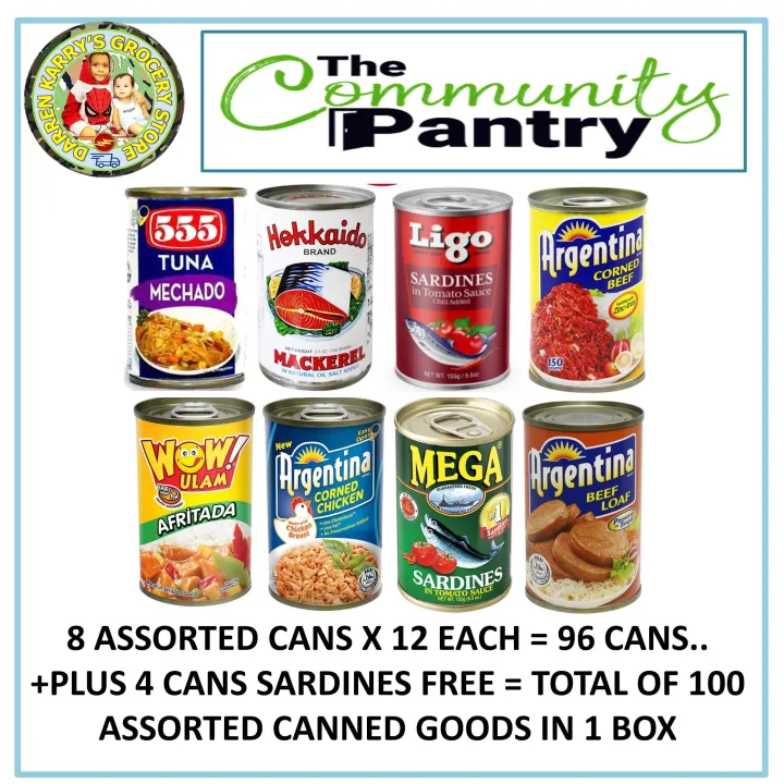 COMMUNITY PANTRY PACKAGE Total of 100 Canned Goods in 1 BOX (Assorted 8 ...