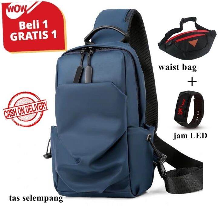 Tas Selempang Pria tahan air FREE waist bag dan jam LED BUY ONE GET ONE ...