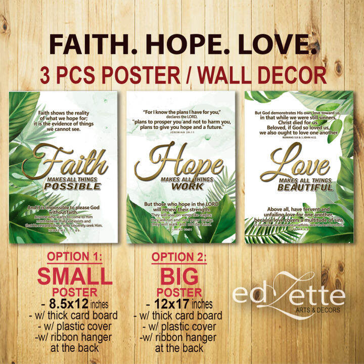 FAITH HOPE LOVE DECOR - 3 pcs BIBLE VERSE WALL DECOR - POSTER w/ THICK ...