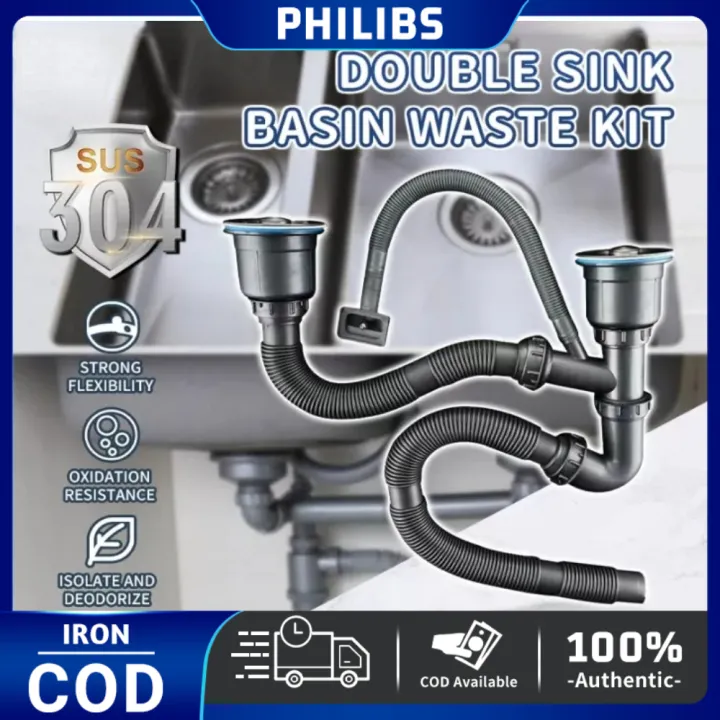 Philibs Double Sink Basin Waste Kit Strainer with Hose Drainage System ...