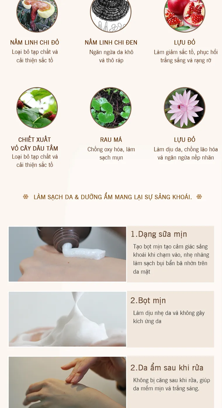 Sữa rửa mặt giữ ẩm, trắng da, chiết xuất thiên nhiên từ linh chi, dâu ...