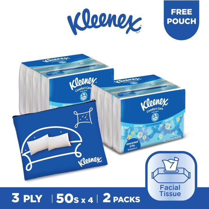 Kleenex Facial Tissue Comfort Care 3 Ply 50s [8 Packs] FREE Pouch | Lazada Indonesia