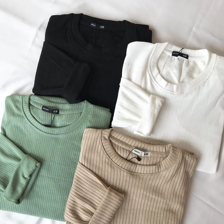 Baju Kaos Rib Rajut Premium Atasan Wanita Dewasa Polos Lengan Panjang ...