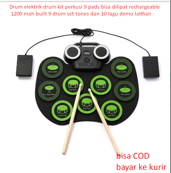 Drum elektrik drum kit perkusi 9 pads bisa dilipat rechargeable 1200 mah built 9 drum set tones ...