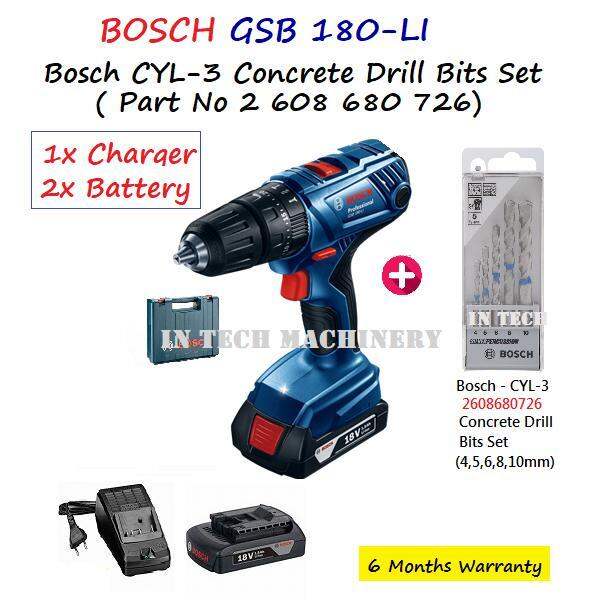 BOSCH GSB180-LI CORDLESS IMPACT DRILL+CYL-3 5PCS CONCRETE DRILL BIT SET ...
