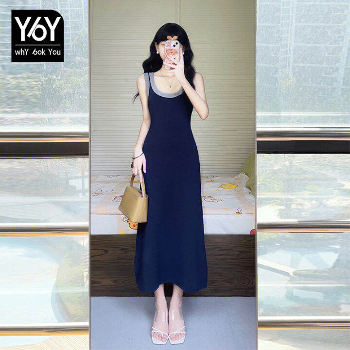 ชุดเดรส Y6Y ของผู้หญิงสำหรับฤดูร้อนชุดเดรสสายสลิงสีดำ Cewek Seksi บาง ...