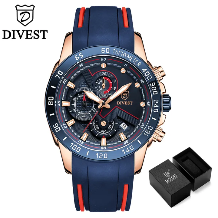 DIVEST นาฬิกาผู้ชายยี่ห้อดังสุดหรูกันน้ำสายซิลิโคนส่องสว่างปฏิทินโครโน ...