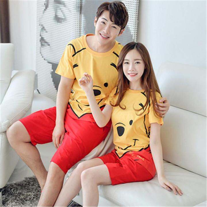Pooh Bear Women Men T-shirt Shorts Pajamas Set Summer Cartoon Couple ...