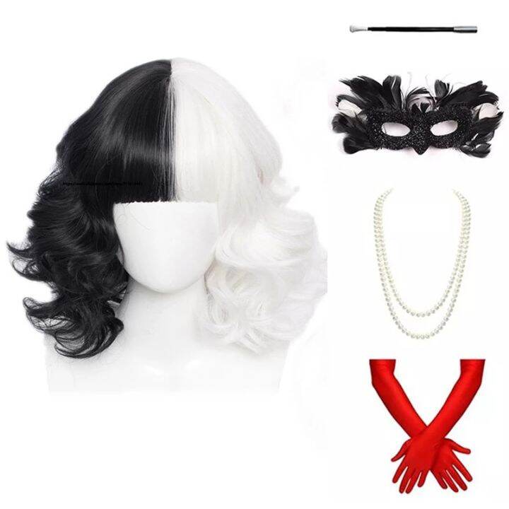 Anime Cruella De Vil Short Cruly Half Black And Half White Cosplay Wig ...