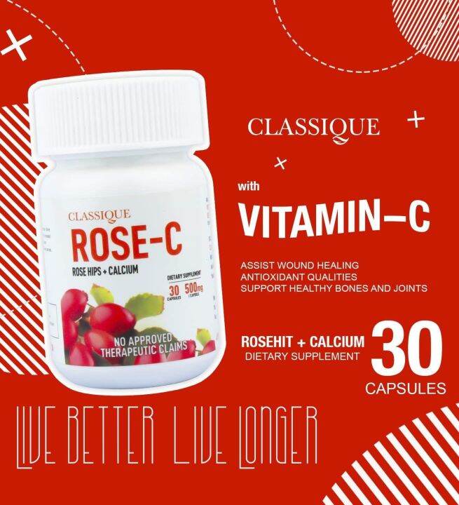 Rose - C Vitamin C 500mg 30 Capsules Classique | Rose Hips + Calcium ...