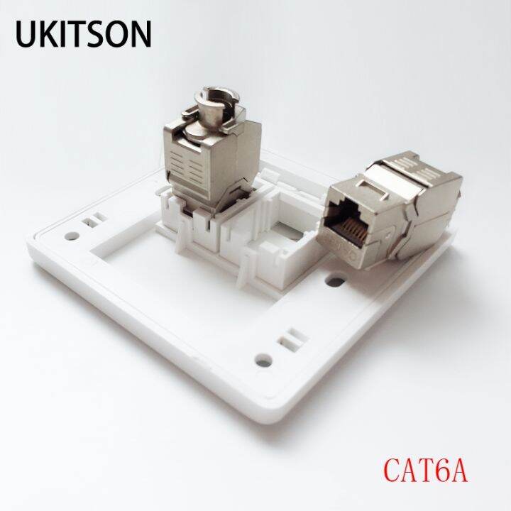 Two Ports CAT6A RJ45 LAN Wall Panel Outlet Faceplate With 2 Pieces Shielded CAT.6A Keystone Jack ...