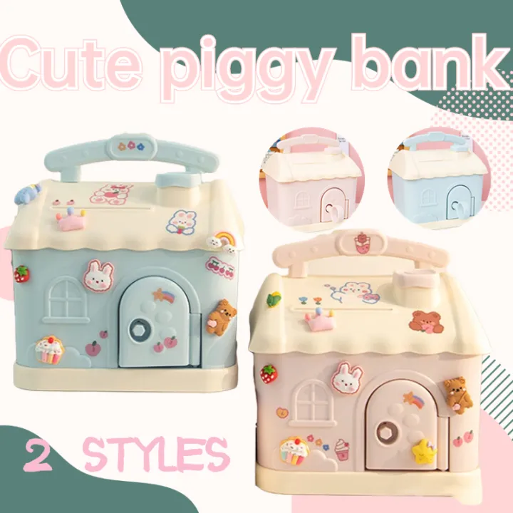 Kawaii Piggy Bank with Stickers Cute Child Accessible Lockable Large ...