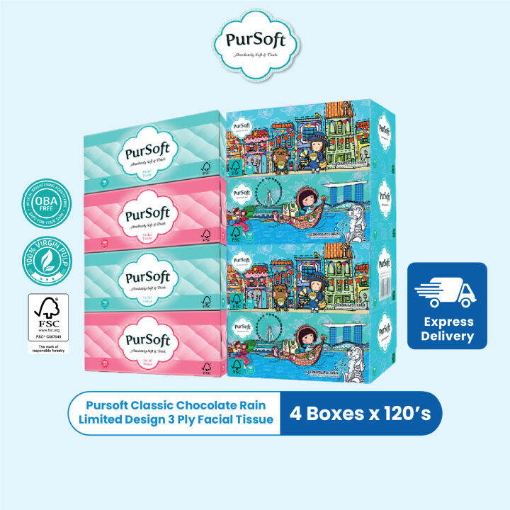 Pursoft Classic Chocolate Rain Limited Design 3Ply Facial Tissue Boxes ...