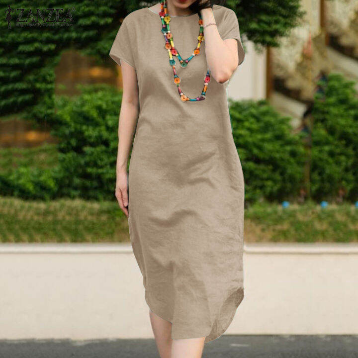 Zanzea Womens Vintage Cotton Short Sleeve Sundress Holiday Evening