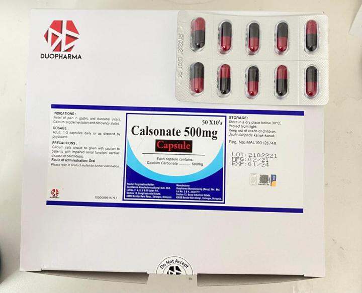 DUOPHARMA CALSONATE 500MG CAPSULE (50 STRIPS X 10'S) 1 BOX 500'S EXP 1/ ...