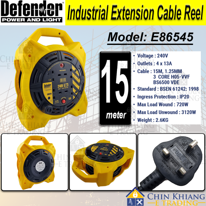 Defender 15M 4-Way Industrial Extension Wire Cable Reel 240V 13A E86545 ...