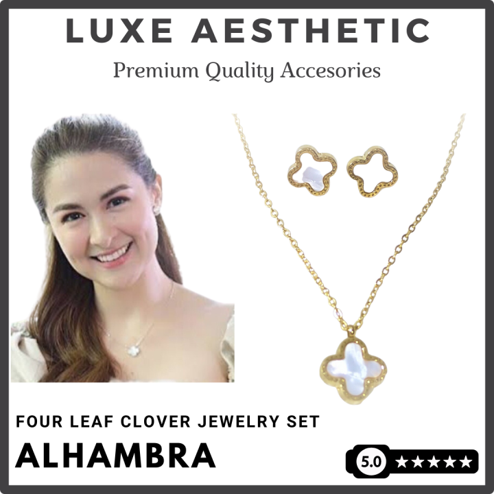 ALHAMBRA JEWELRY SET NECKLACE and EARRINGS Mother of Pearl Four Leaf ...