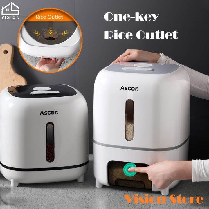 Vision 10KG Rice Storage Bucket Household Grains Flour Sealed Dispenser ...