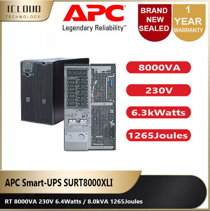 APC Smart-UPS SURT8000XLI RT 8000VA 230V 6.4kWatts / 8.0kVA 1265Joules 50/60 Hz +/- 5 Hz auto ...