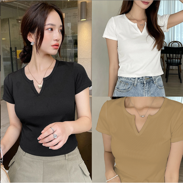 KILY.PH Ribbed Knit Notched Neck Tee 6A0232 | Lazada PH