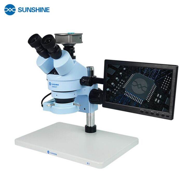 SUNSHINE Trinocular Stereo Microscope With Big Base Table Pillar Stand 7X-45X Zoom For LAB Phone ...