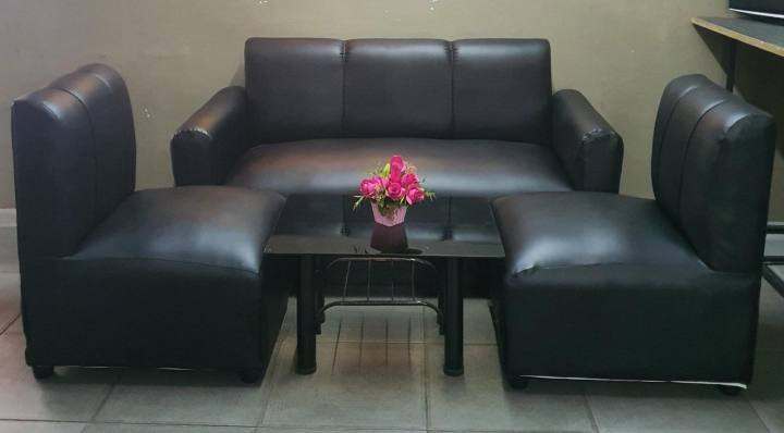 sala set black leather sofa with glass table uratex foam / cash on ...