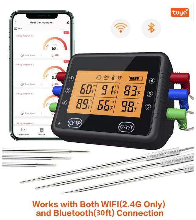 Tuya Wi-Fi&Bluetooth Digital Bbq Thermometer Rechargeable Wireless Food ...