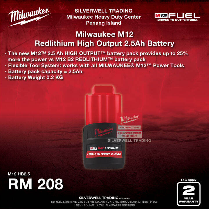 Milwaukee M12 High Output 2.5Ah Redlithium Battery (M12 HB2.5) | Lazada