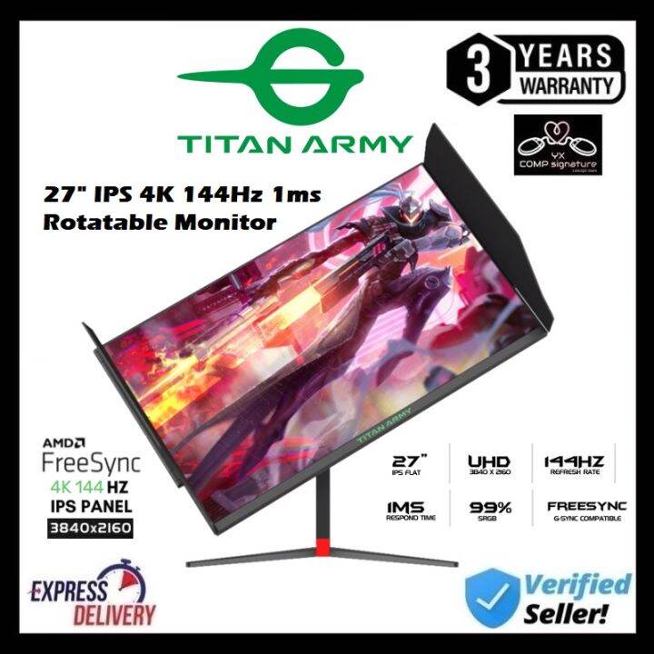 TITAN ARMY 27" IPS 4K 144Hz 1ms Rotatable Monitor (T27UG)-UHD, 99%sRGB, FreeSync, PIP/PBP, USB-C ...