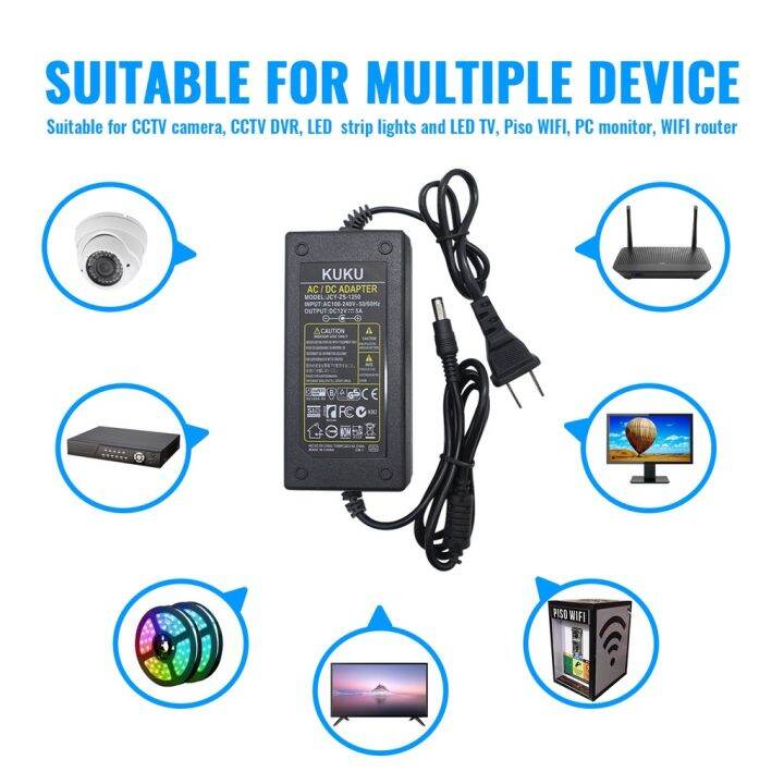 AC/DC 12V 5A Power Supply Multi-Purpose Adaptor for CCTV LED TV Monitor ...