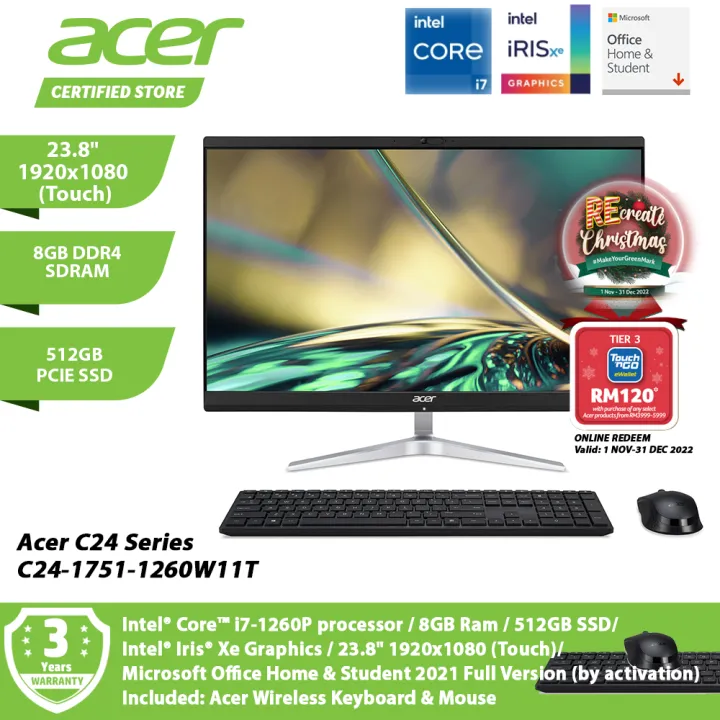 Acer C24-1751-1260W11T All-In-One Desktop DQ.BJ5SM.001| Intel i7-1260P ...