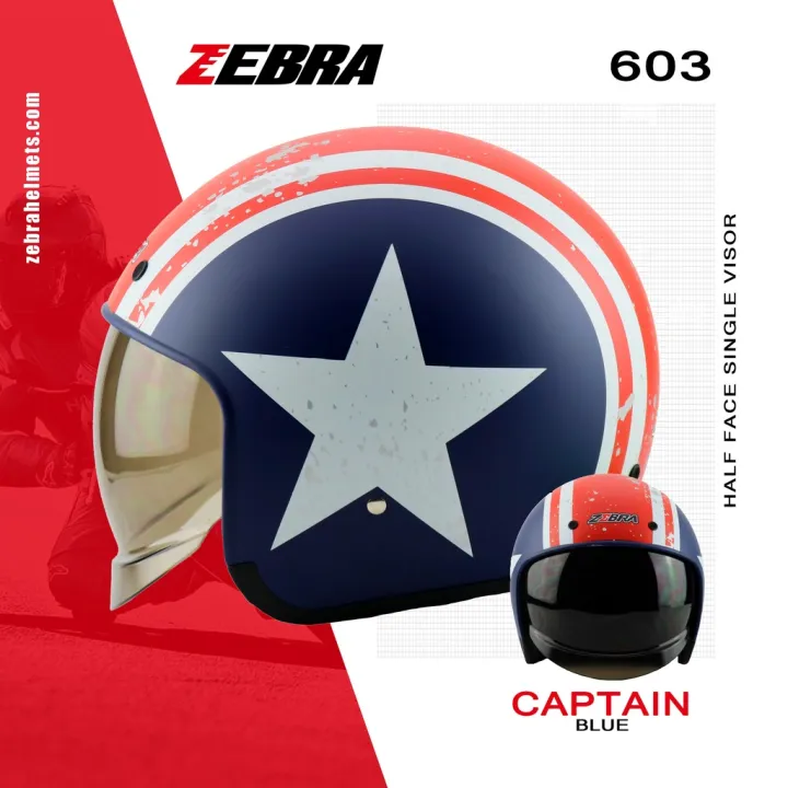 ZEBRA 603 Captain Half Face Motorcycle Helmet Single Visor ICC ...