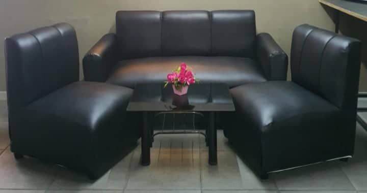sala set black leather with glass table uratex foam sofa COD ...