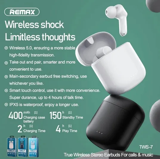 REMAX True Wireless Earbuds For Music & Call TWS-7 , หูฟังบลูทูธไร้สาย ...
