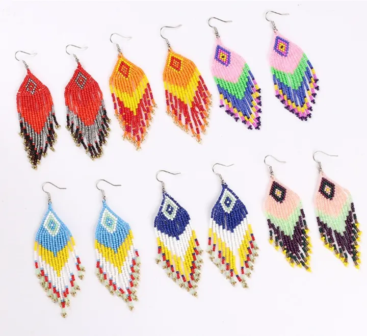 [GMB] 1 คู่ 9 สไตล์ผู้หญิงยาวลูกปัดพู่ต่างหูโบฮีเมียนแฮนด์เมดลูกปัดสาย ...