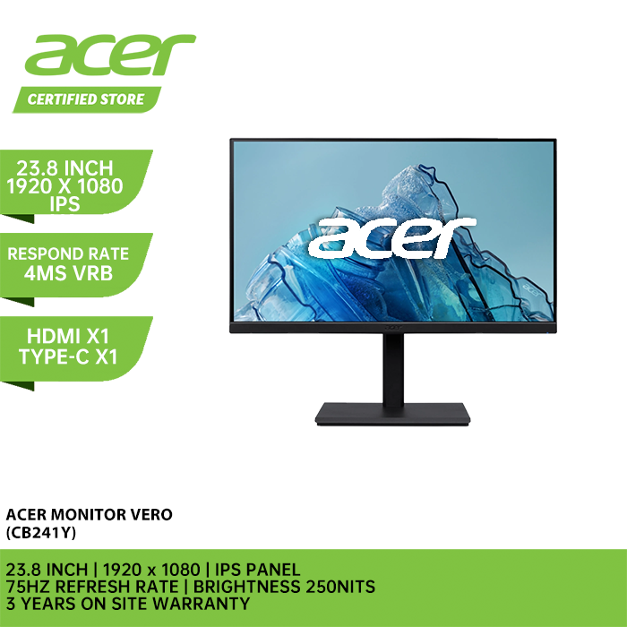 ACER MONITOR VERO CB241Y ( 23.8 INCH IPS | 1920x1080@75HZ FHD | 250NITS ...