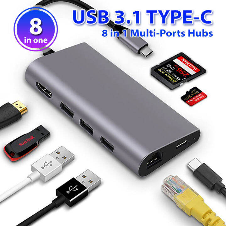 Type C 8 in 1 Multi Port Splitter Adapter USB C Hub Aluminum Hub To ...