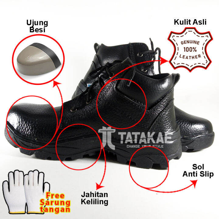 Sepatu Safety Kulit Sapi Pria Ujung Besi Boots Proyek PDL PDH Satpam Security Hitam (Free Sarung ...