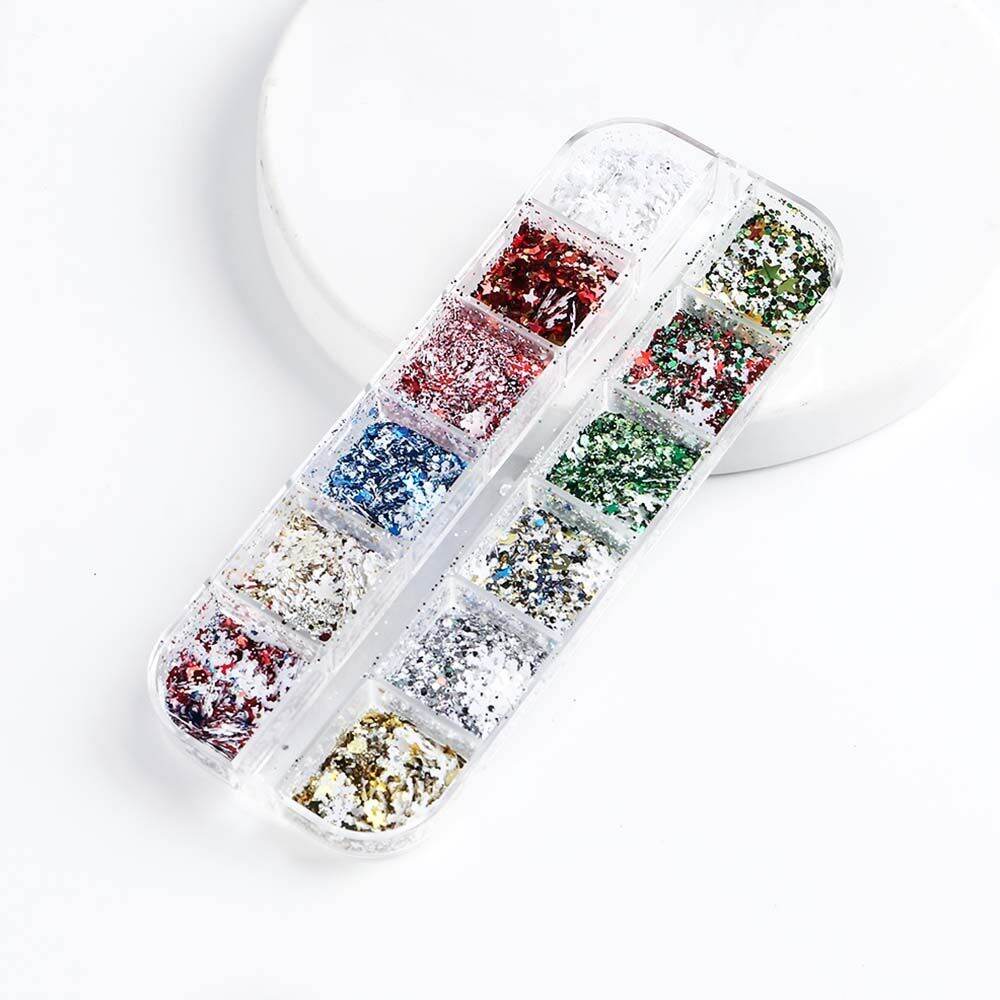 Y2K2 3D เล็บชุดทำเล็บมือชุดตกแต่งเล็บลายตารางเงาทรงเรขาคณิต12ช่องแวววาวเกล็ดเล็บเกล็ดหิมะเลื่อม ...