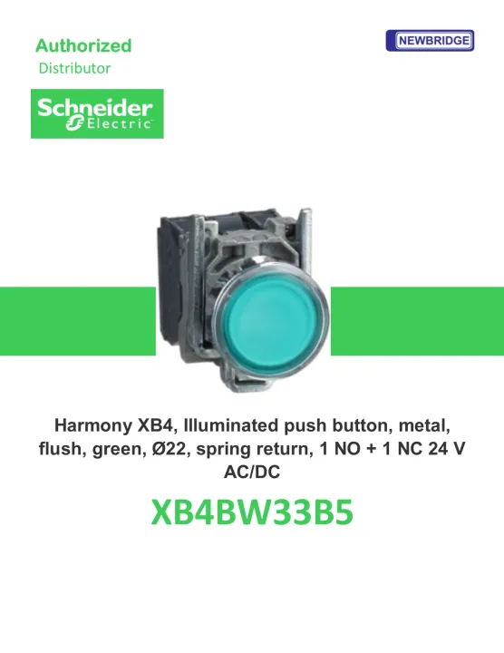 Harmony XB4, Illuminated push button, metal, flush, green, Ø22, spring return, 1 NO + 1 NC 24 V ...